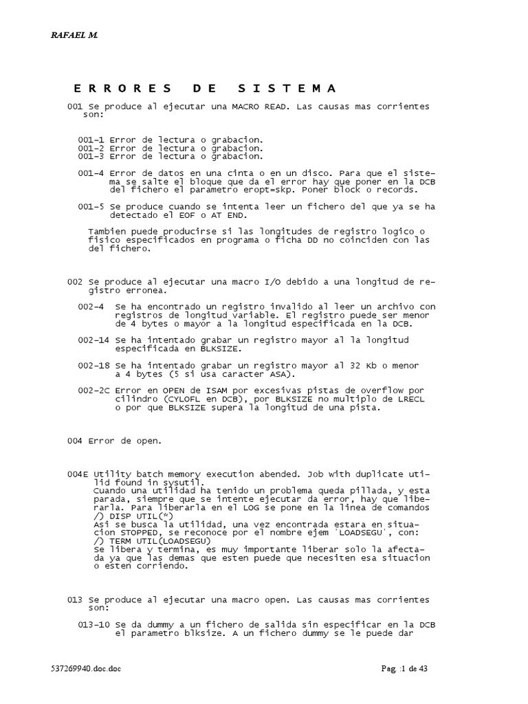 Errores Mvs Cics Db2 Vsam | PDF | Archivo de computadora | SQL