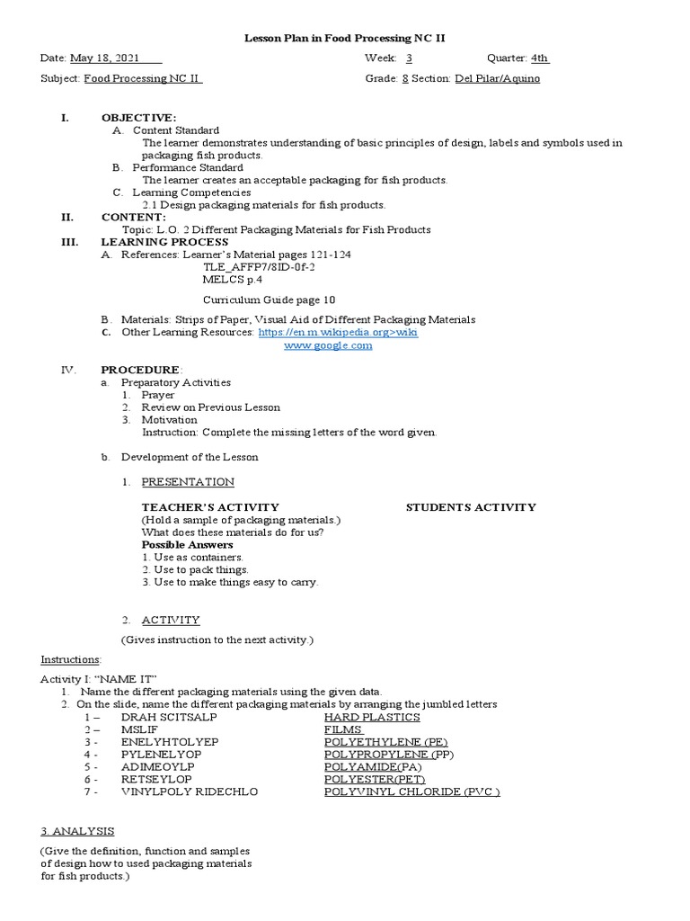 Lesson Plan in Food Processing NC II | PDF | Occupational Safety And ...