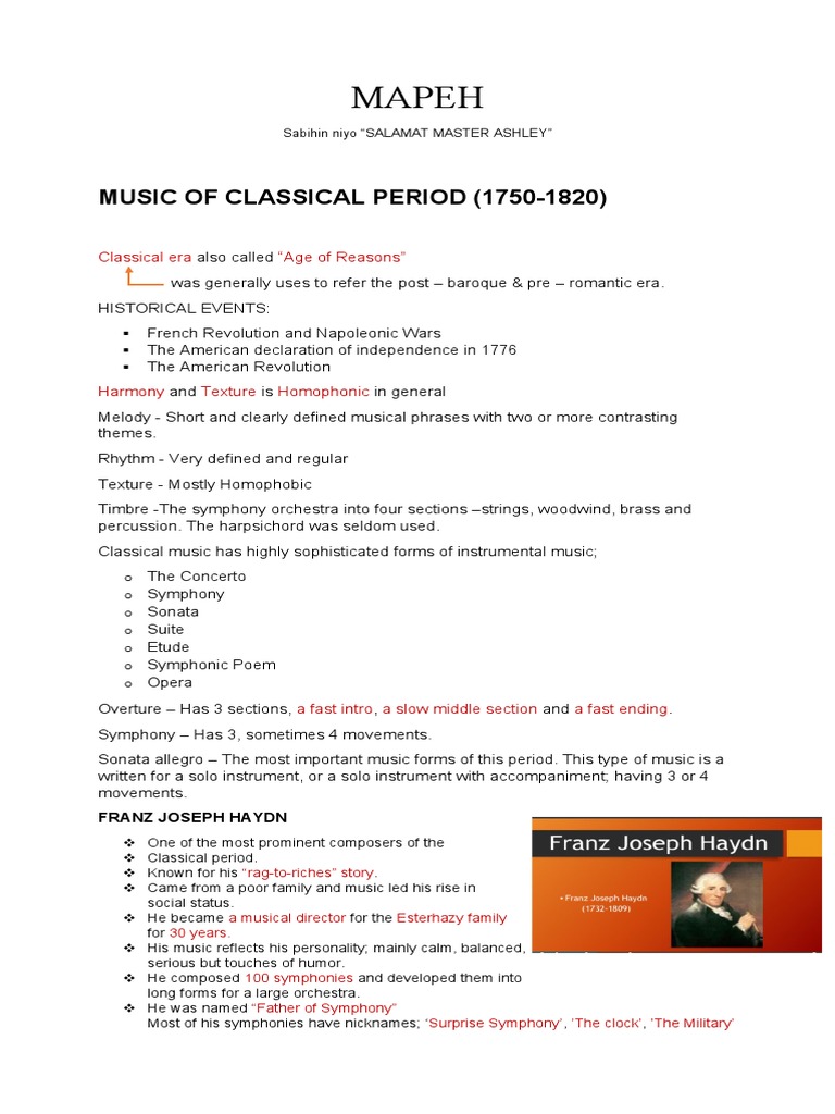 Mapeh Notes 2ND Quarter Ak | PDF | Classical Period (Music) | Orchestras