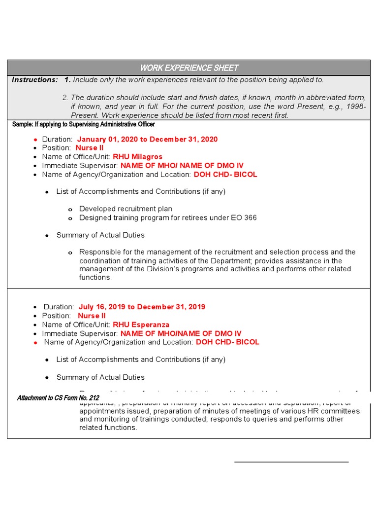 Work-Experience-Sheet CSC Form 212 | PDF | Business | Employment