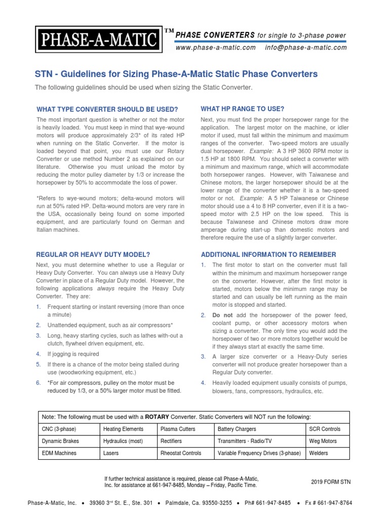 STN - Guidelines For Sizing Phase-A-Matic Static Phase Converters | PDF ...