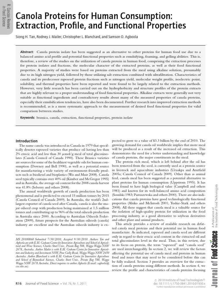Canola Proteins: Extraction and Properties | PDF | Rapeseed ...