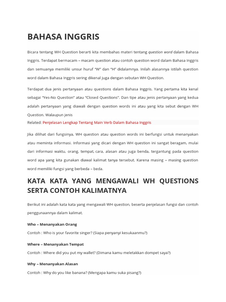 Contoh WH Questions dalam Bahasa Inggris | PDF | Seni & Disiplin Bahasa