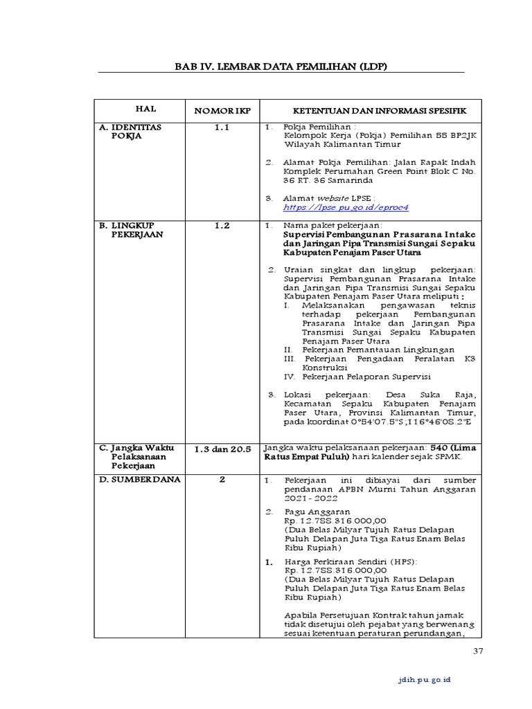 LDP SPV Pemb. Prasarana Intake Dan Jar. Pipa Transmisi Sungai Sepaku ...
