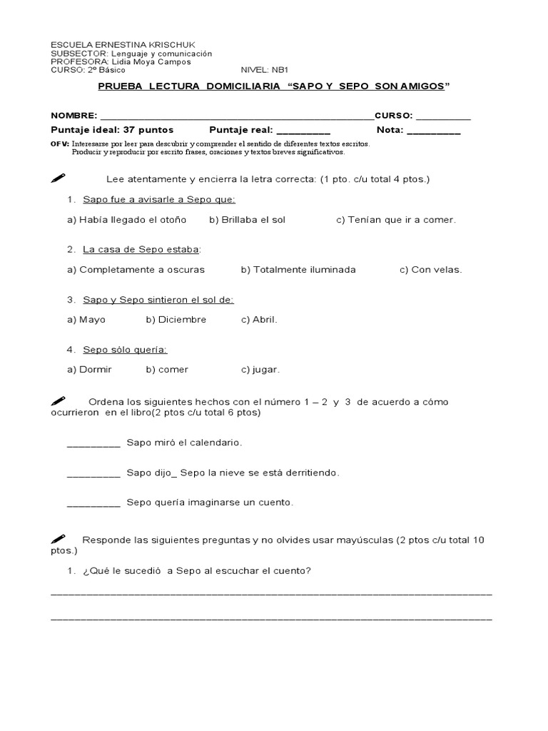 Prueba Sapo y Sepo Amigos | PDF