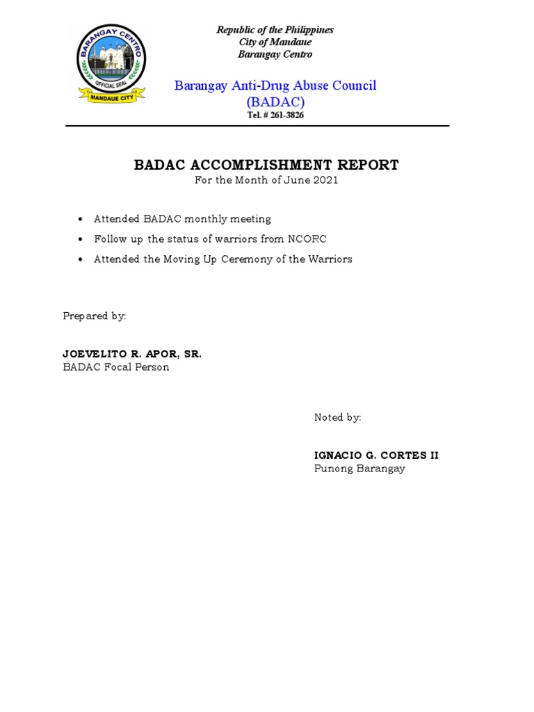 Badac Accomplishment Report: Barangay Anti-Drug Abuse Council (Badac) | PDF
