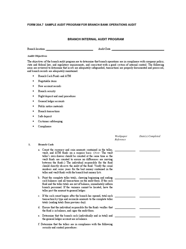 FORM 20A.7 Sample Audit Program For Branch Bank Operations Audit | PDF ...