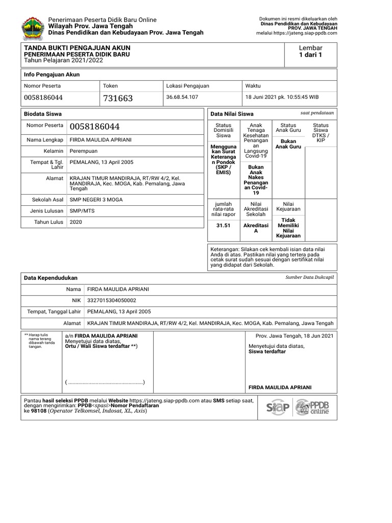 Tanda Bukti Pengajuan Akun - 005818y6044 - FIRDA MAULIDA APRIANI | PDF