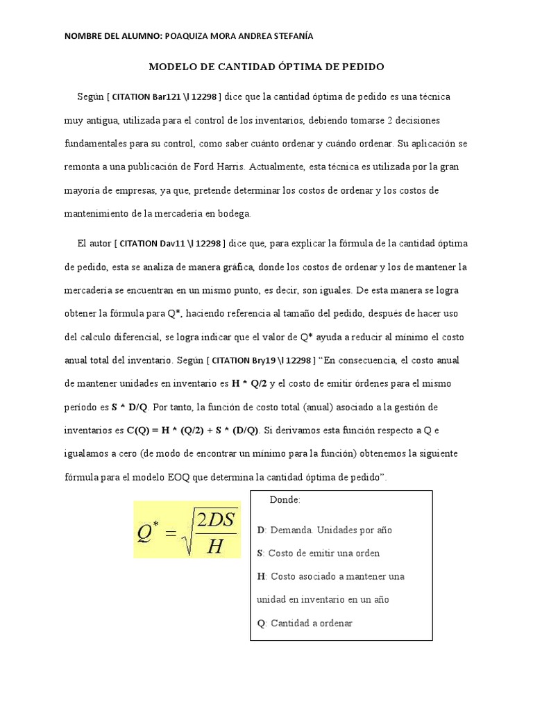 Deber N°4 Modelo de Cantidad Óptima de Pedido | Descargar gratis PDF | Inventario | Procesos de ...