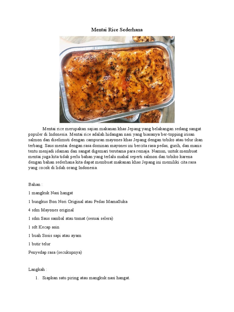 Resep Mentai Rice Sederhana | PDF | Memasak, Makanan, & Anggur