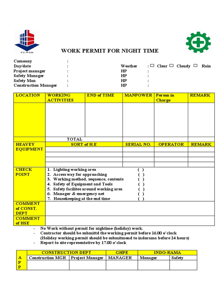 Night Work Permit Guidelines for Construction | PDF