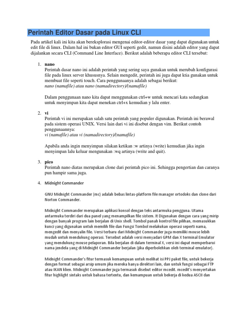 Perintah Editor Dasar Pada Linux CLI | PDF
