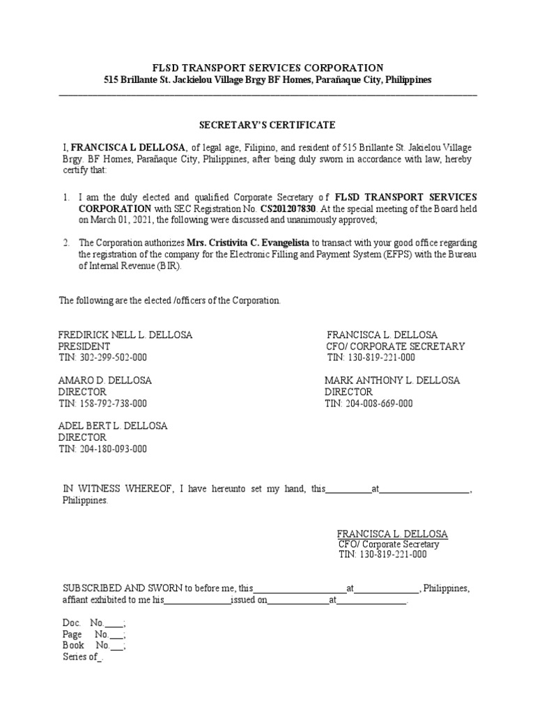 Secretarys Certificate FLSD | PDF