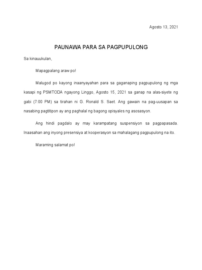 Paunawa Sa Pagpupulong, Psmtoda | PDF