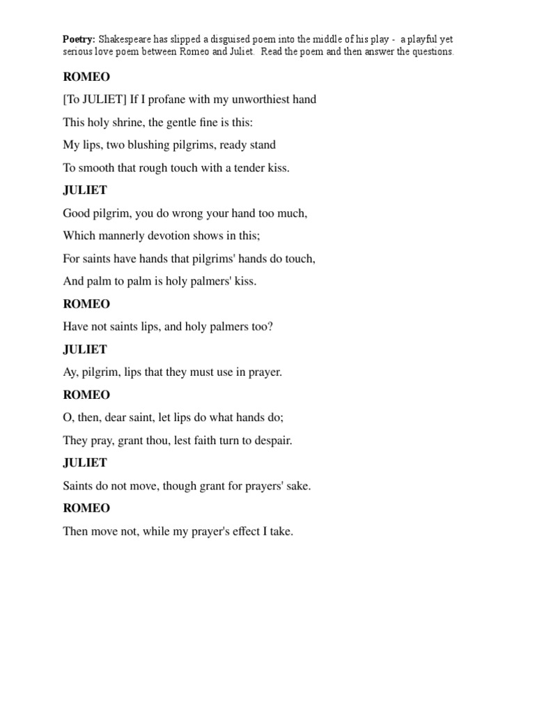 Romeo and Juliet - Analyzing A Love Sonnet A1 SC 5 | PDF | Poetry