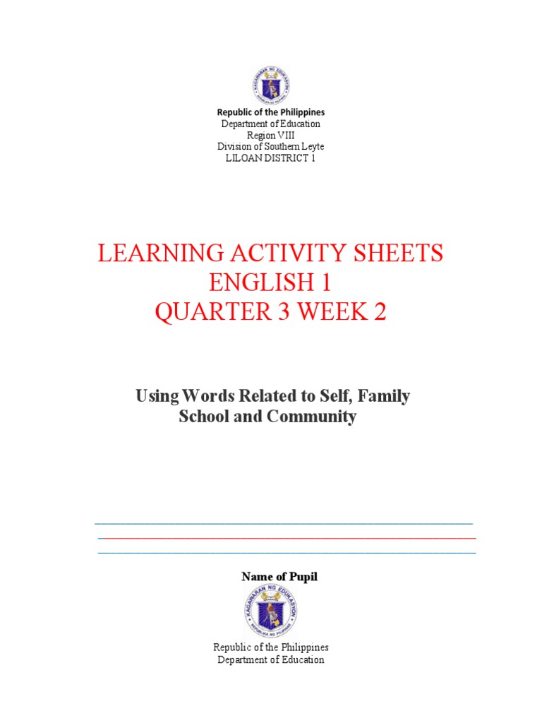 Learning Activity Sheets English 1 Quarter 3 Week 2: Using Words ...