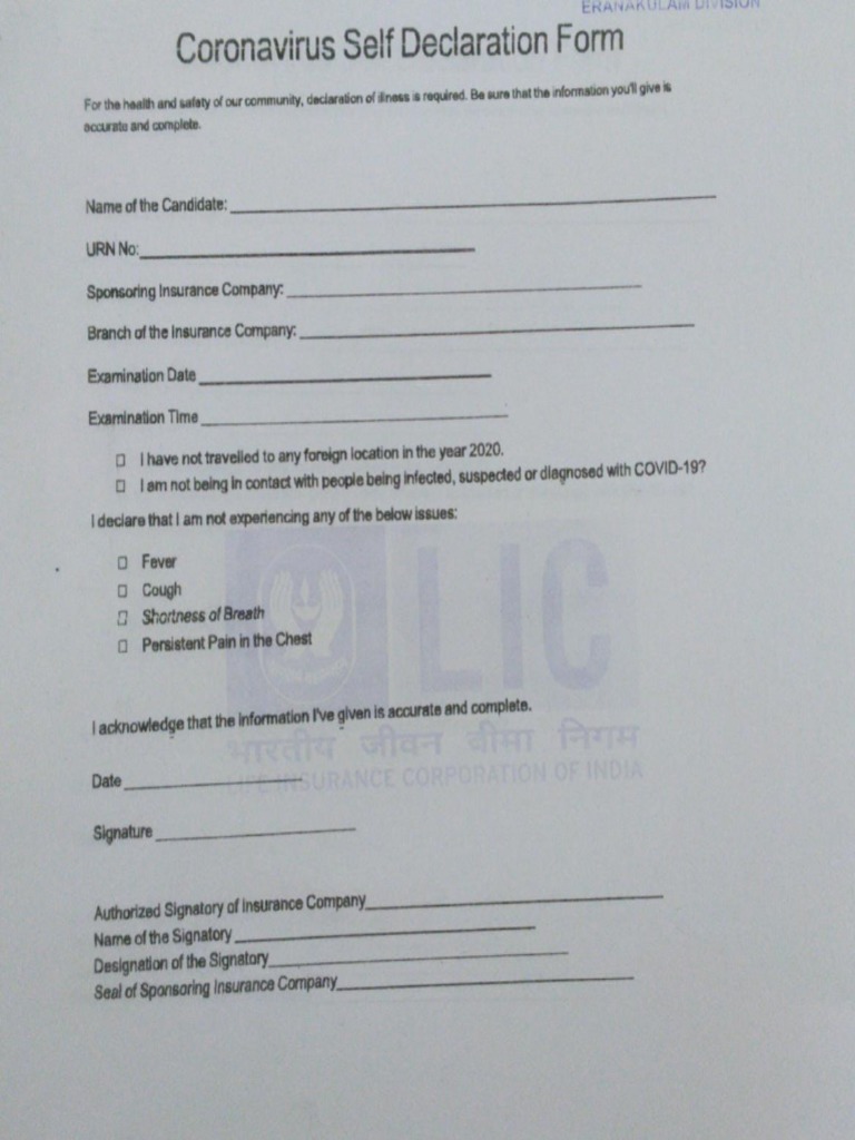 IC38 Exam Corona Self Declaration Form | PDF