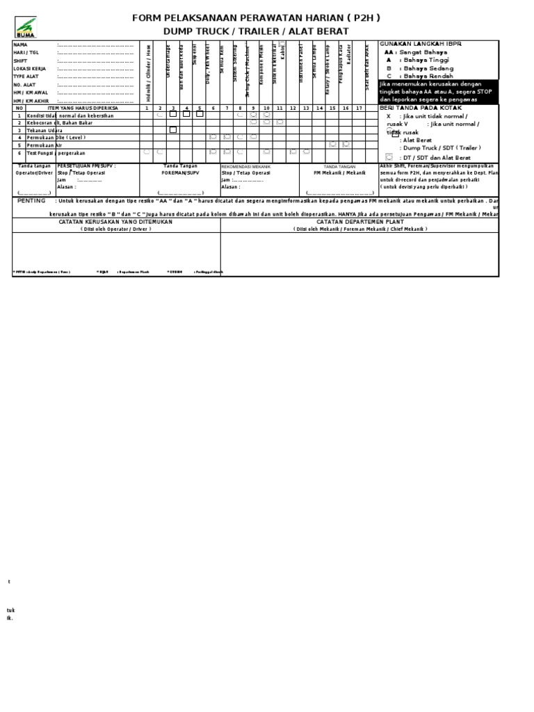 Toaz - Info Form Pelaksanaan Perawatan Harian p2h Dump Truck Trailer ...