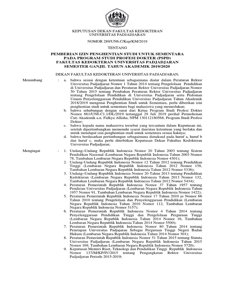 SK 289 - IPSUS - TTD Dekan Ijin Cuti Akademik Mahasiswa PSPD Sem Ganjil ...