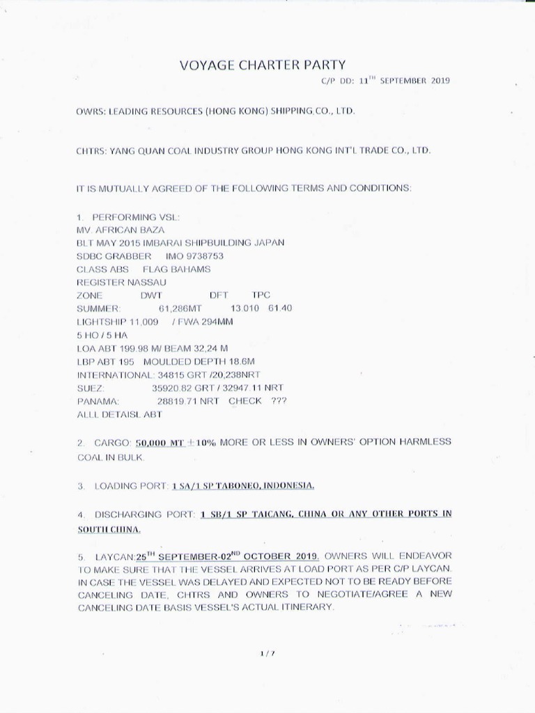 Voyage Charter Party (MV African Baza) - Signed by YMHK | PDF