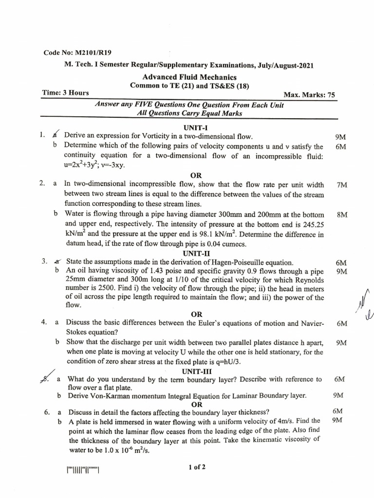 Mtech Thermal Engineering 2021 1-1 Sem Question Papers (Thermal ...