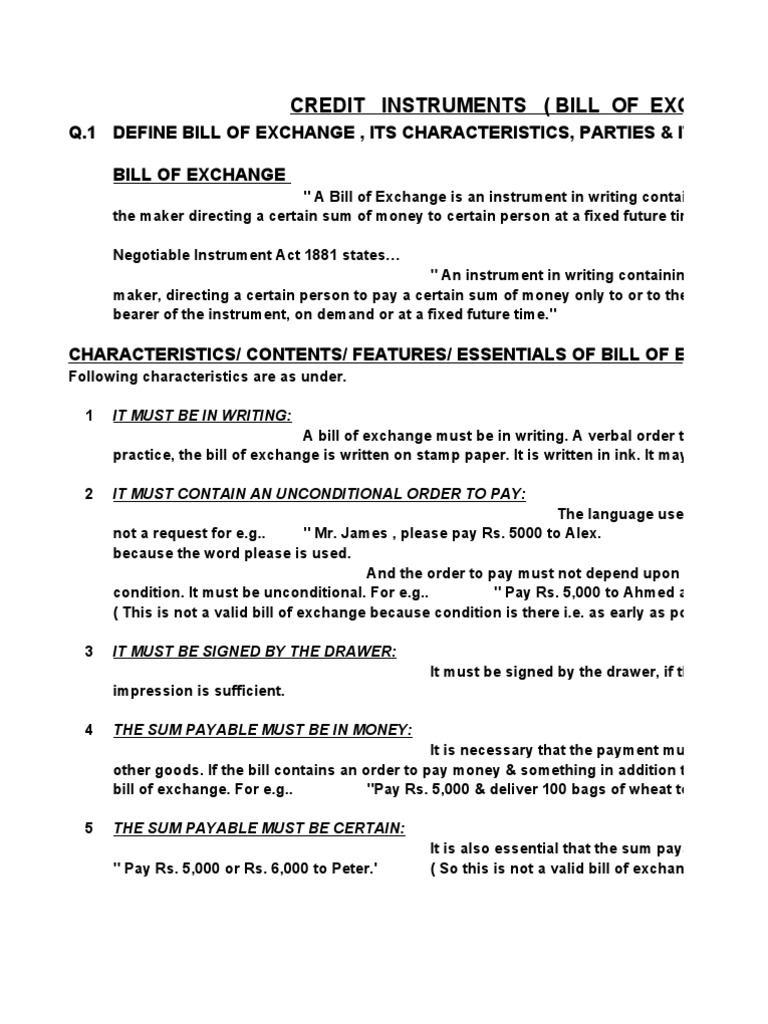 Bill of Exchange (Credit Instruments) | Negotiable Instrument ...