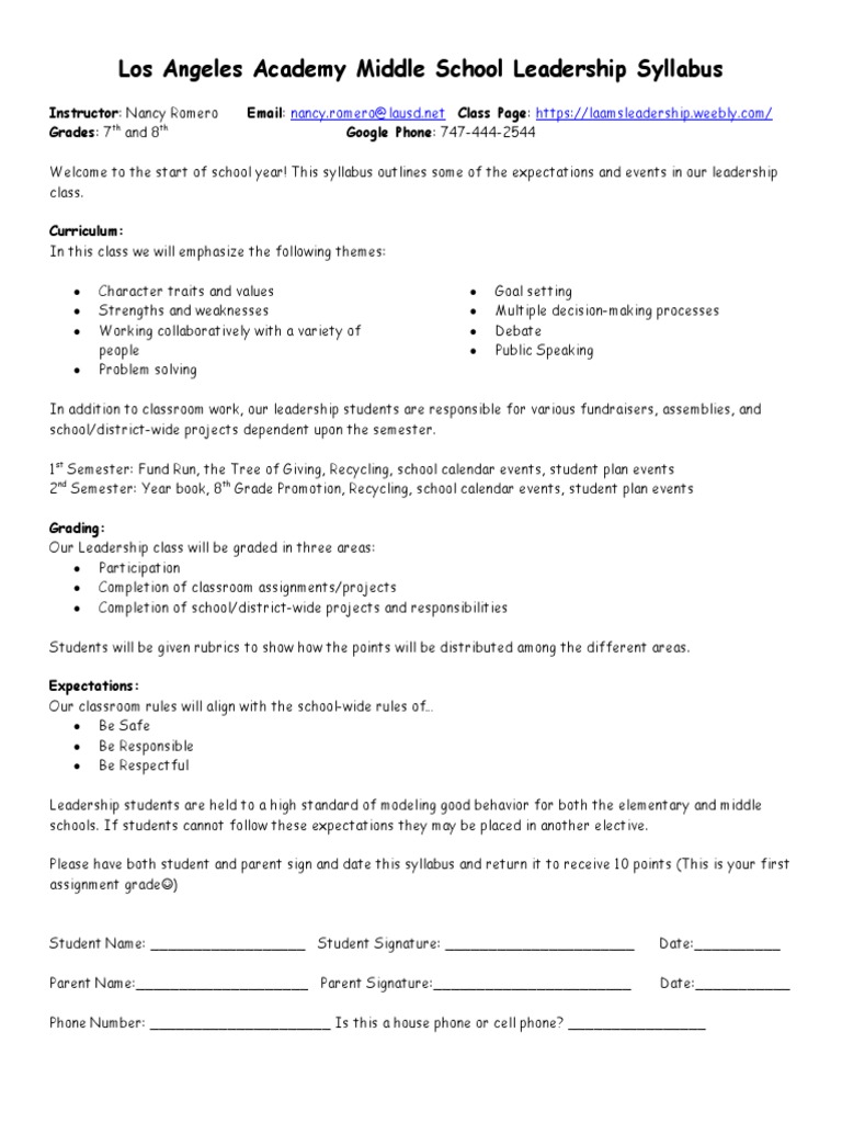 Leadership Syllabus for Grades 7-8 | PDF | Leadership | Psychological ...