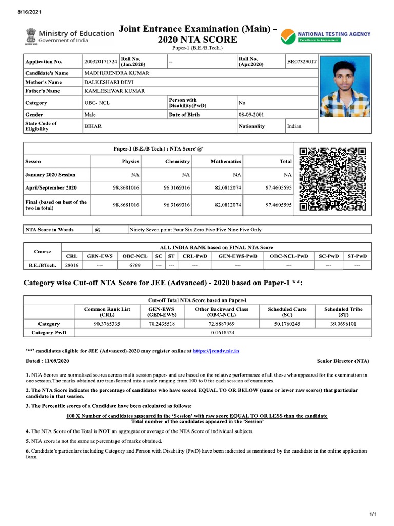 20UEC053 Madhurendra Kumar Jee Main Score Card | PDF