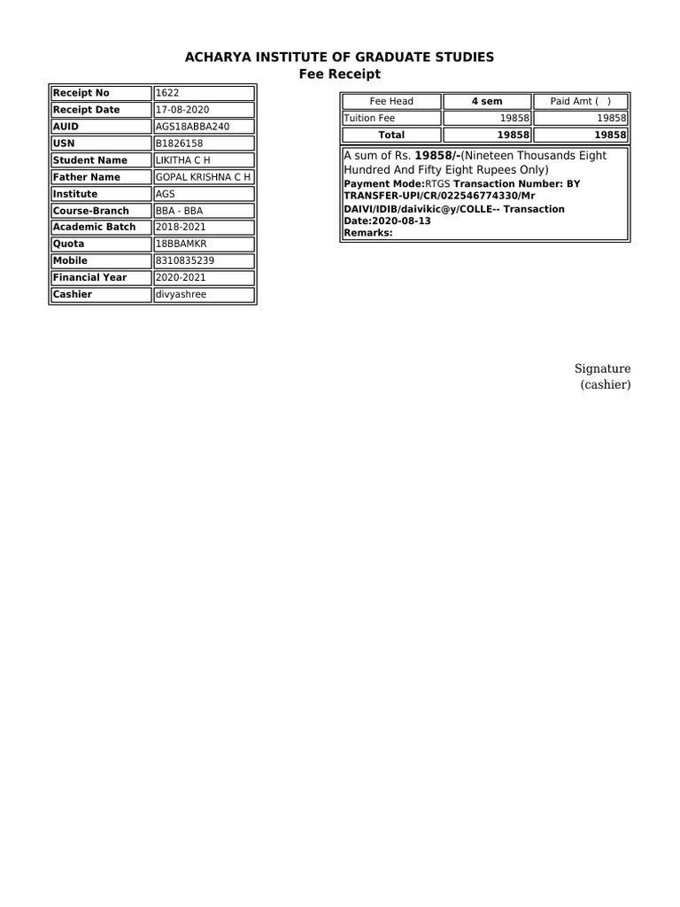 Fee Receipt Title Describing Payment of Tuition Fees for 4th Semester ...