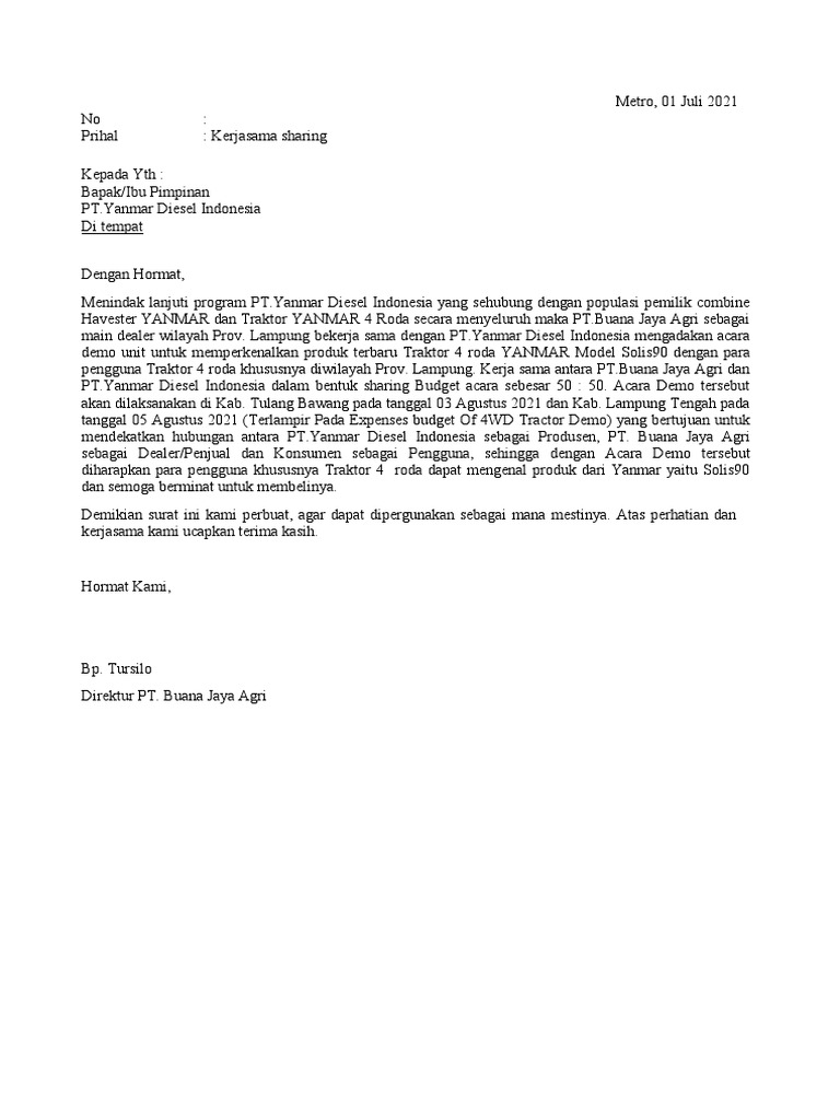 Contoh Surat Kerja Sama Sharing Budget | PDF