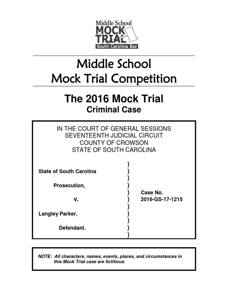 2016 SC Bar Middle School Mock Trial Case Problem | PDF | Plea ...