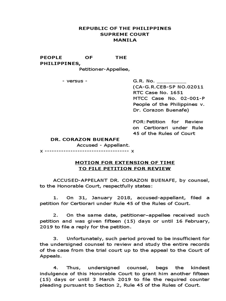 Motion For Extension of Time Sample | PDF | Certiorari | Appeal
