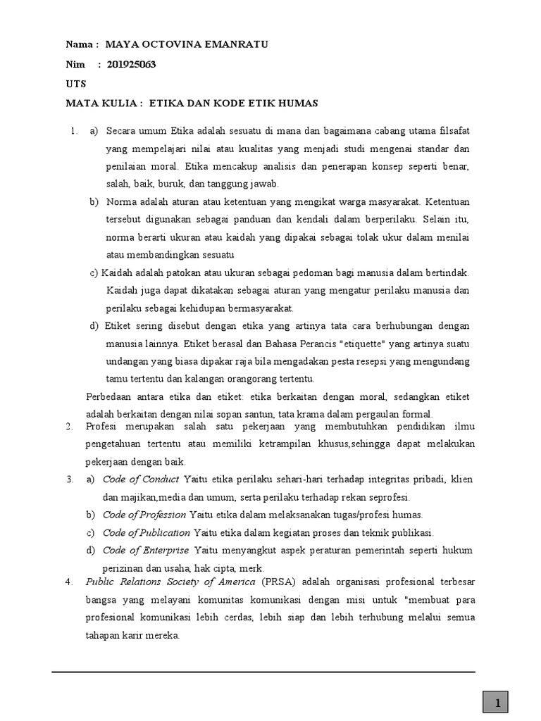 Uts Etika Dan Kode Etik Humas Maya Octovina Emanratu | PDF