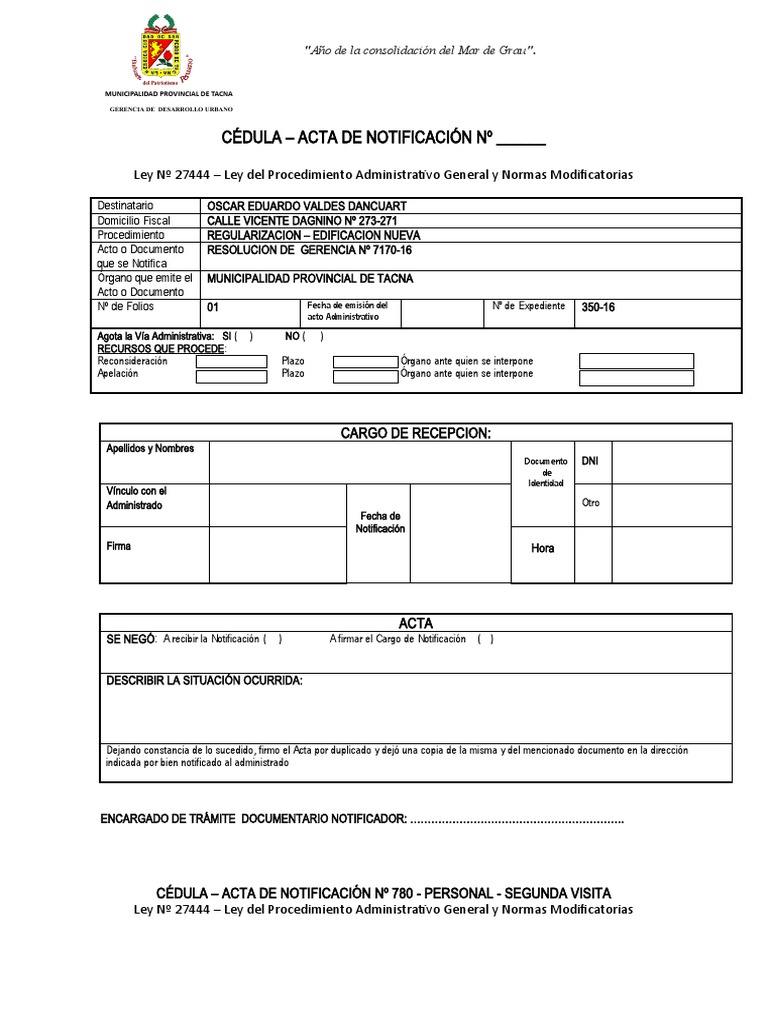 MODELO DE CÉDULA de NOTIFICACION - ADMINISTRADO | PDF | Autenticación | Gobierno y personalidad
