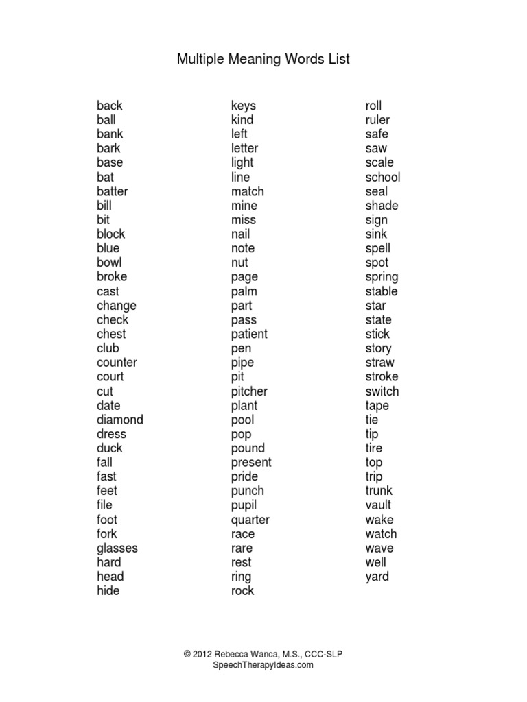 Word List Multiple Meaning Words | PDF