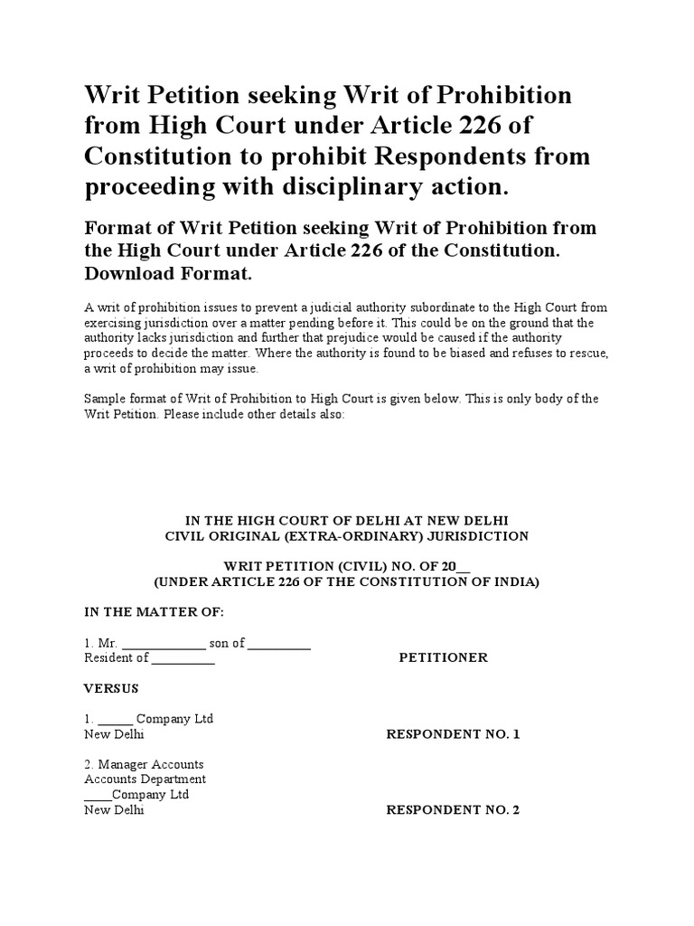 Writ Petition Seeking Writ of Prohibition From High Court Under Article 226 | Download Free PDF ...