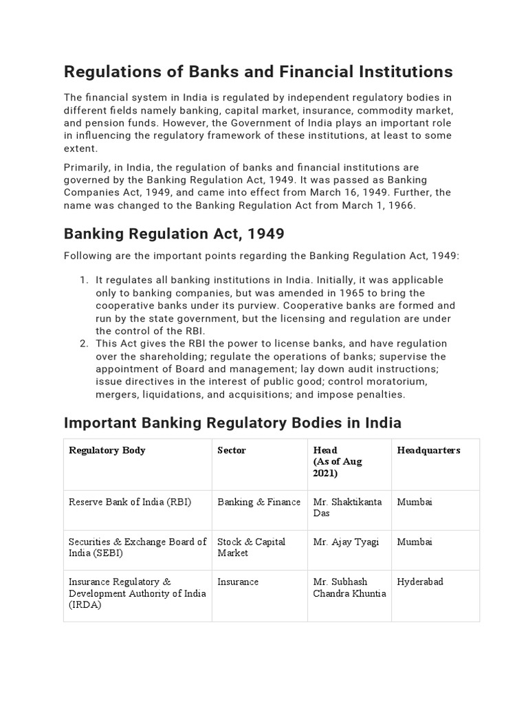 Regulations of Banks and Financial Institutions: Banking Regulation Act ...