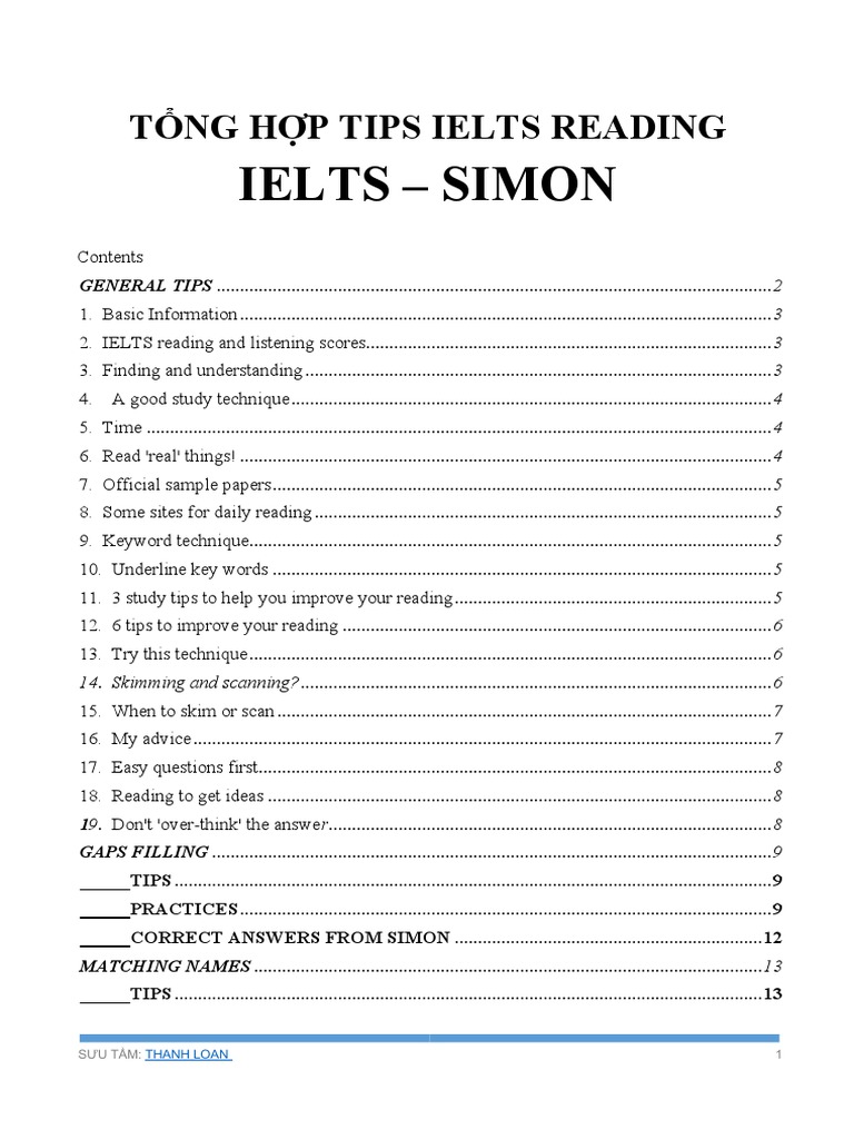 Ielts Reading Dành Cho Người Mới Bắt Đầu - Sưu Tầm Từ Ielts Simon | PDF ...