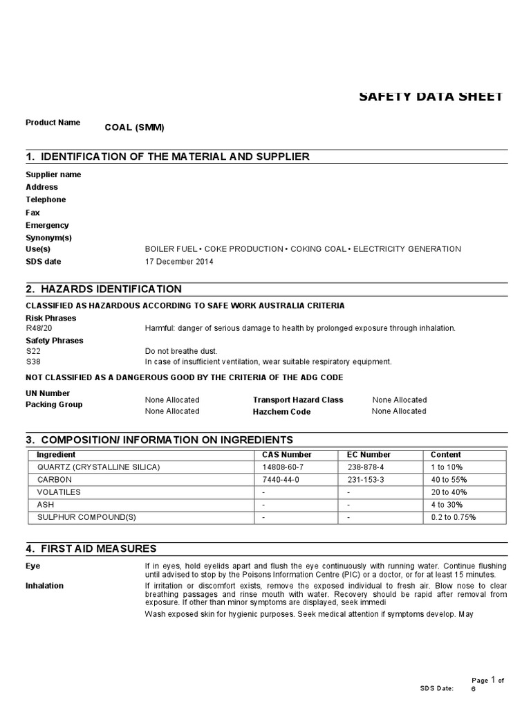 Coal Safety Data Sheet (SDS) Summary | PDF | Fires | Fossil Fuel Power ...