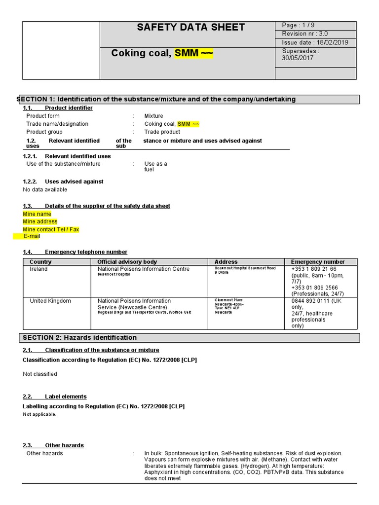 Coking Coal Safety Data Sheet | PDF | Firefighting | Dangerous Goods