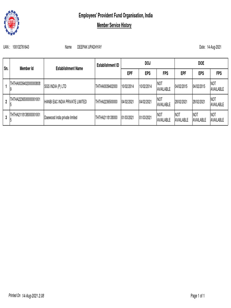 EPFO Member Service History Report | PDF