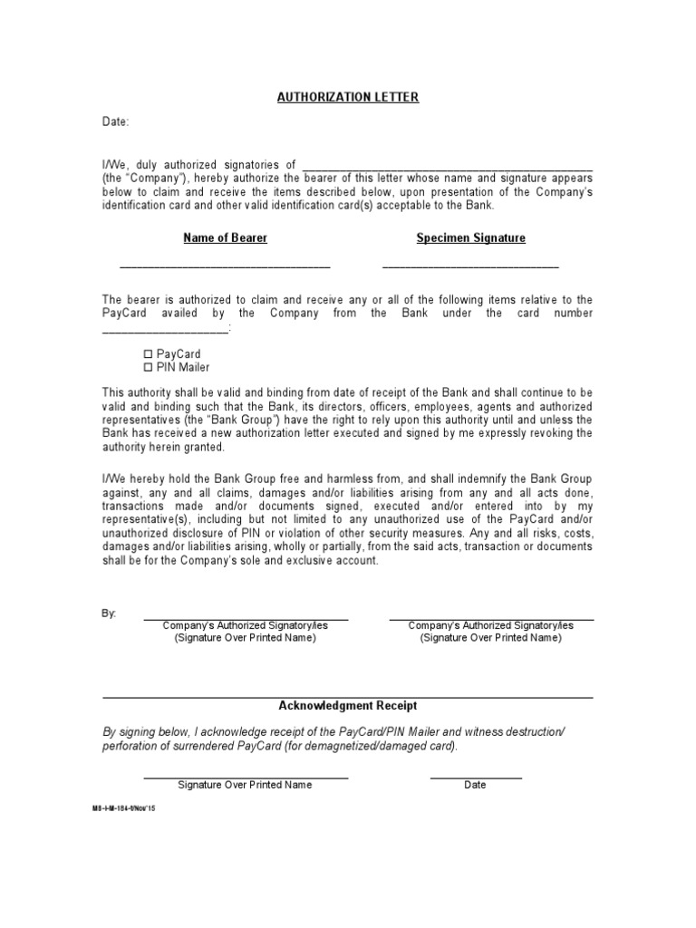 Pay Card - Authorization Letter | PDF