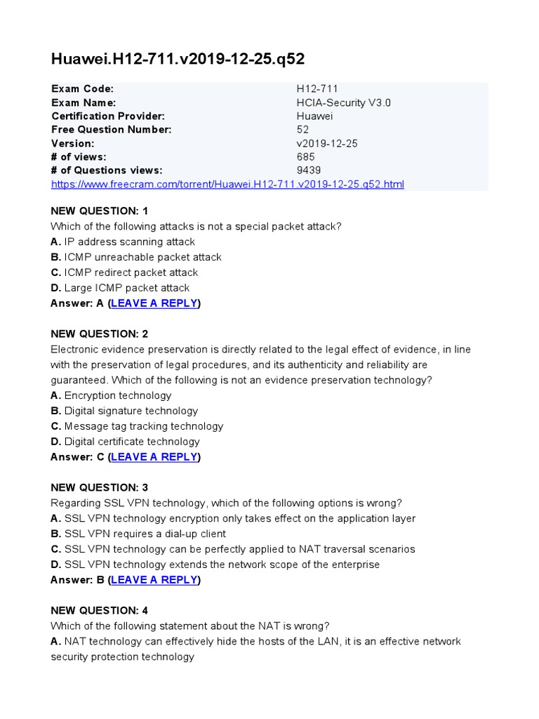 h12-711 HCIA-SECURITY QN12 52QN | PDF | Transport Layer Security | Computer Network