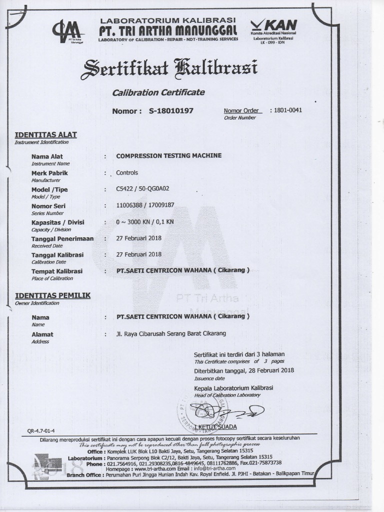 Compressive Strength Test Machine Certificate | PDF