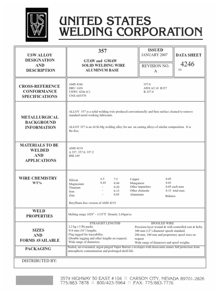 Aluminum Alloy 357 Solid Welding Wire Data Sheet | PDF | Alloy ...