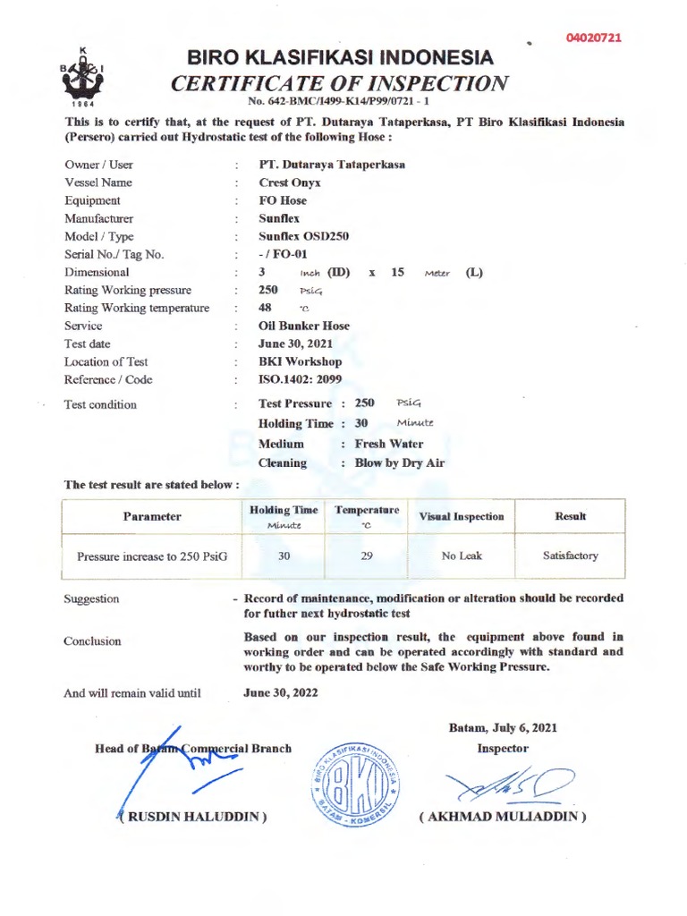 Hydrotest Report Documenting Pressure Testing of Oil Bunker Hoses for ...