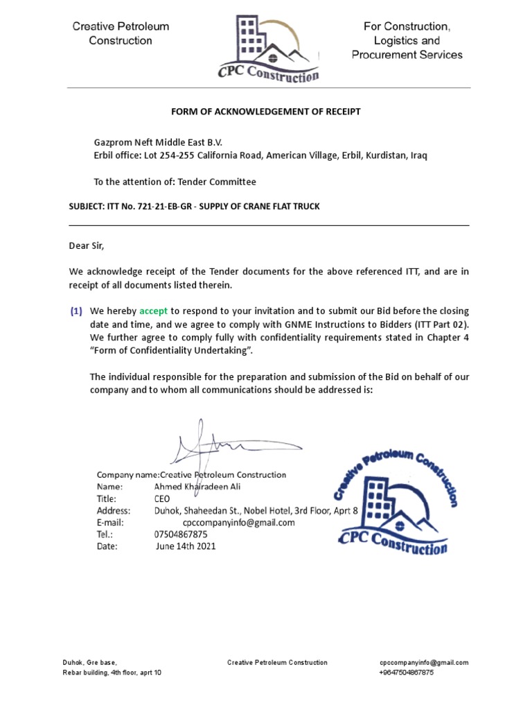 Form of Acknowledgement of Receipt: Subject: Itt No. 721-21-Eb-Gr ...