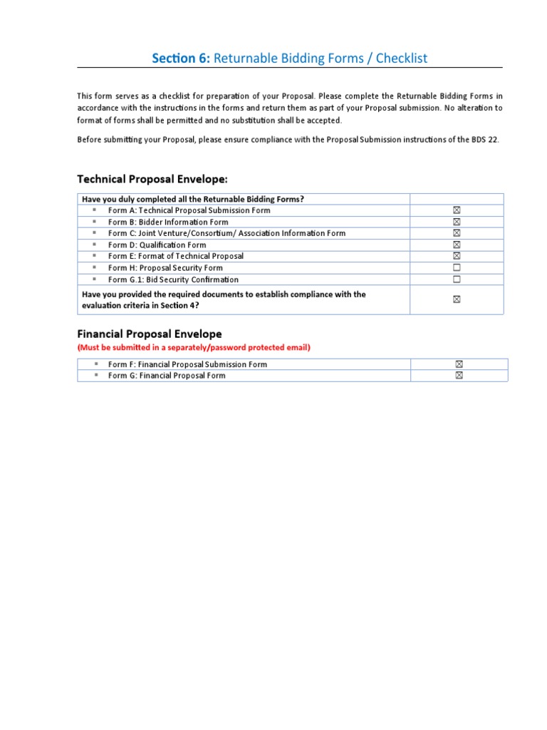 Section 6: Returnable Bidding Forms / Checklist: Technical Proposal Envelope | PDF | Joint ...
