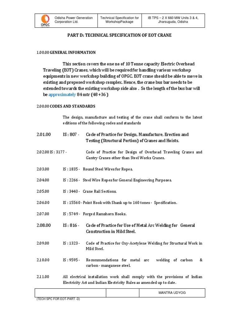Technical Specification of Eot Crane | Download Free PDF | Gear ...