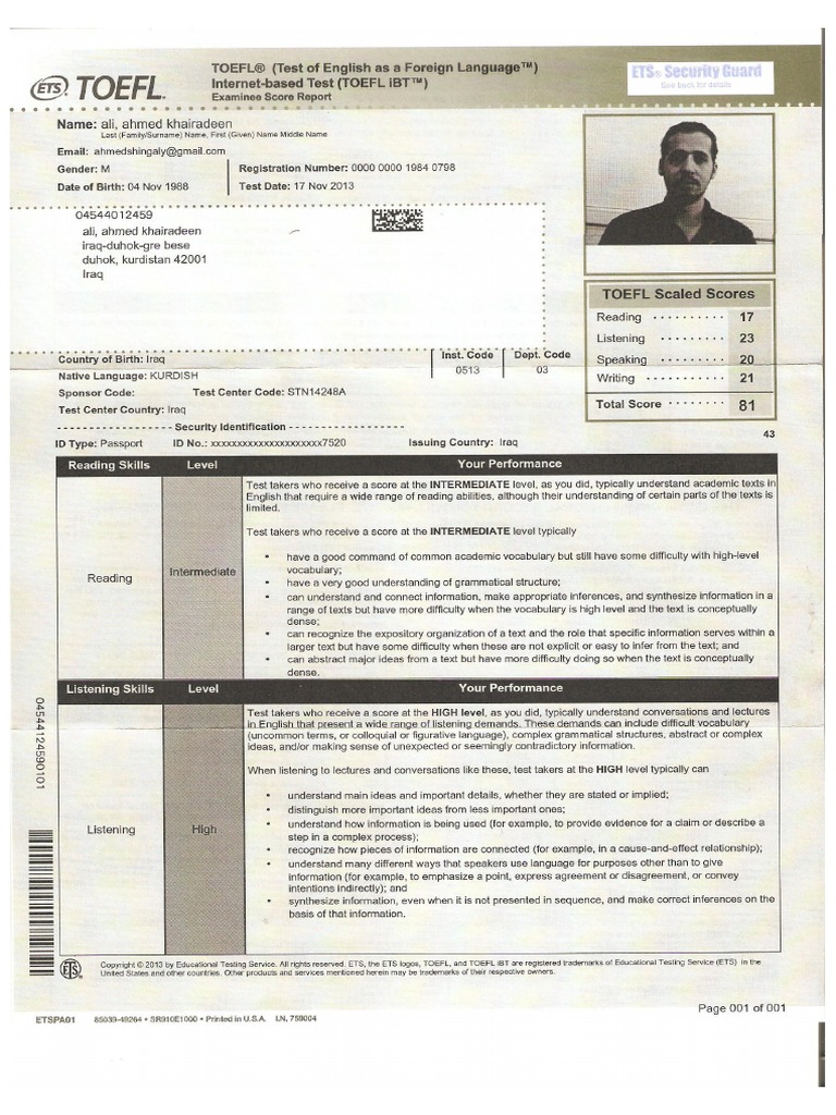 Toefl IBT Certificate | PDF
